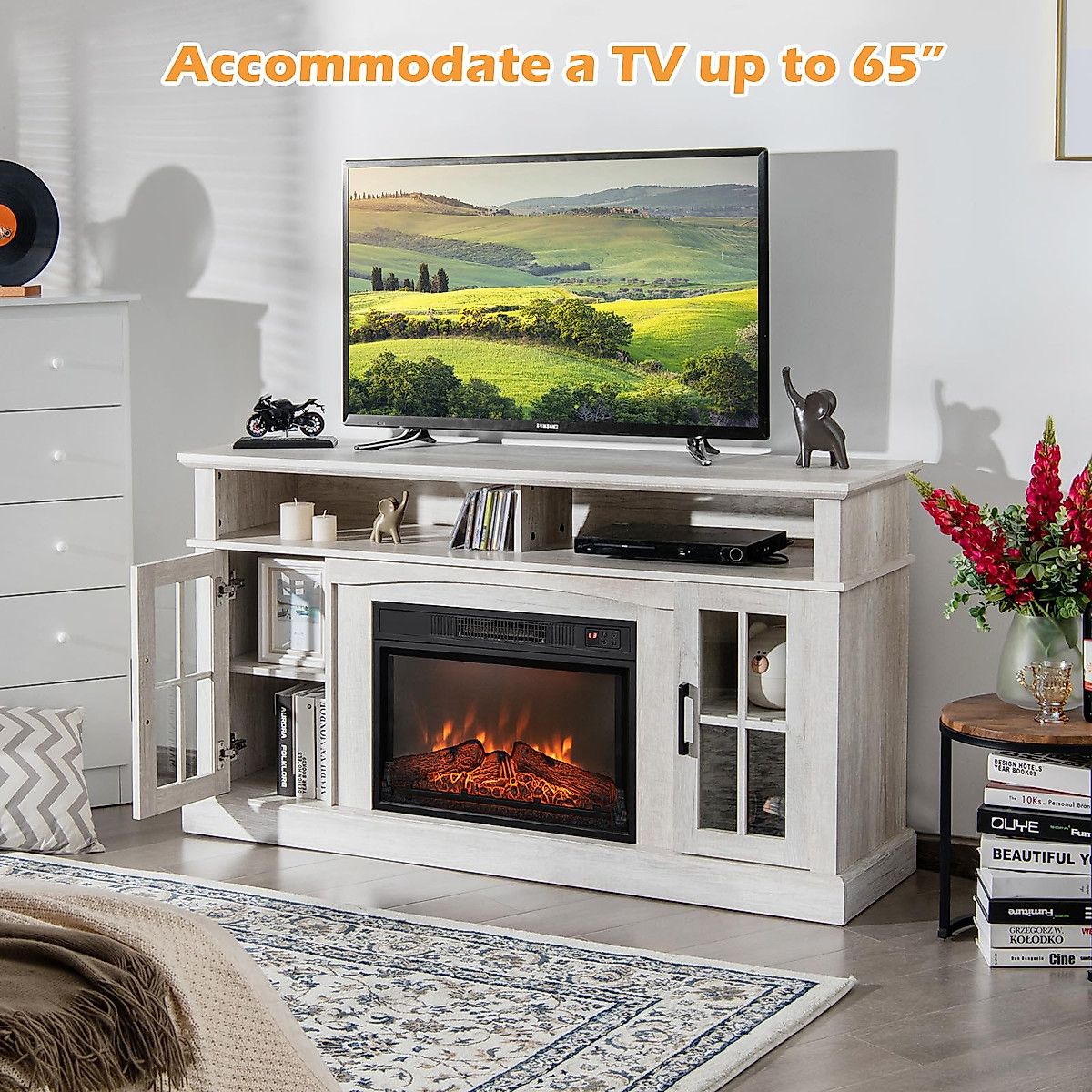 Tangkula Fireplace TV Stand for TVs Up to 65 Inch, Electric Fireplace TV Console w/Remote Control, Overheat Protection, 3-Level Adjustable Brightness, TV Entertainment Center w/23” Fireplace