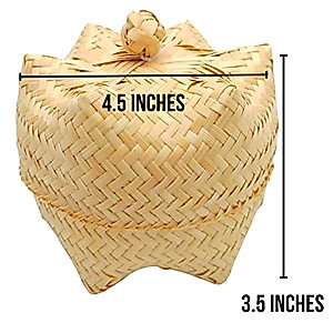 Bamboo Sticky Rice Serving Basket 4.5 x 3.5 Inch, Kratip, Intricately Woven Container, Hexagon-Shaped Weave Pattern, Thailand Handmade, Natural Color (Original Natural Bamboo Color)