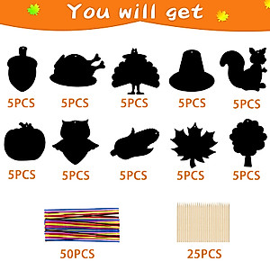 50 Pack Thanksgiving Scratch Art Paper Crafts Kit, Fall Thanksgiving Rainbow Paper Crafts Kit for Kids, DIY Pumpkin Turkey Maple Hanging Ornaments for Thanksgiving Fall Harvest Party Decoration