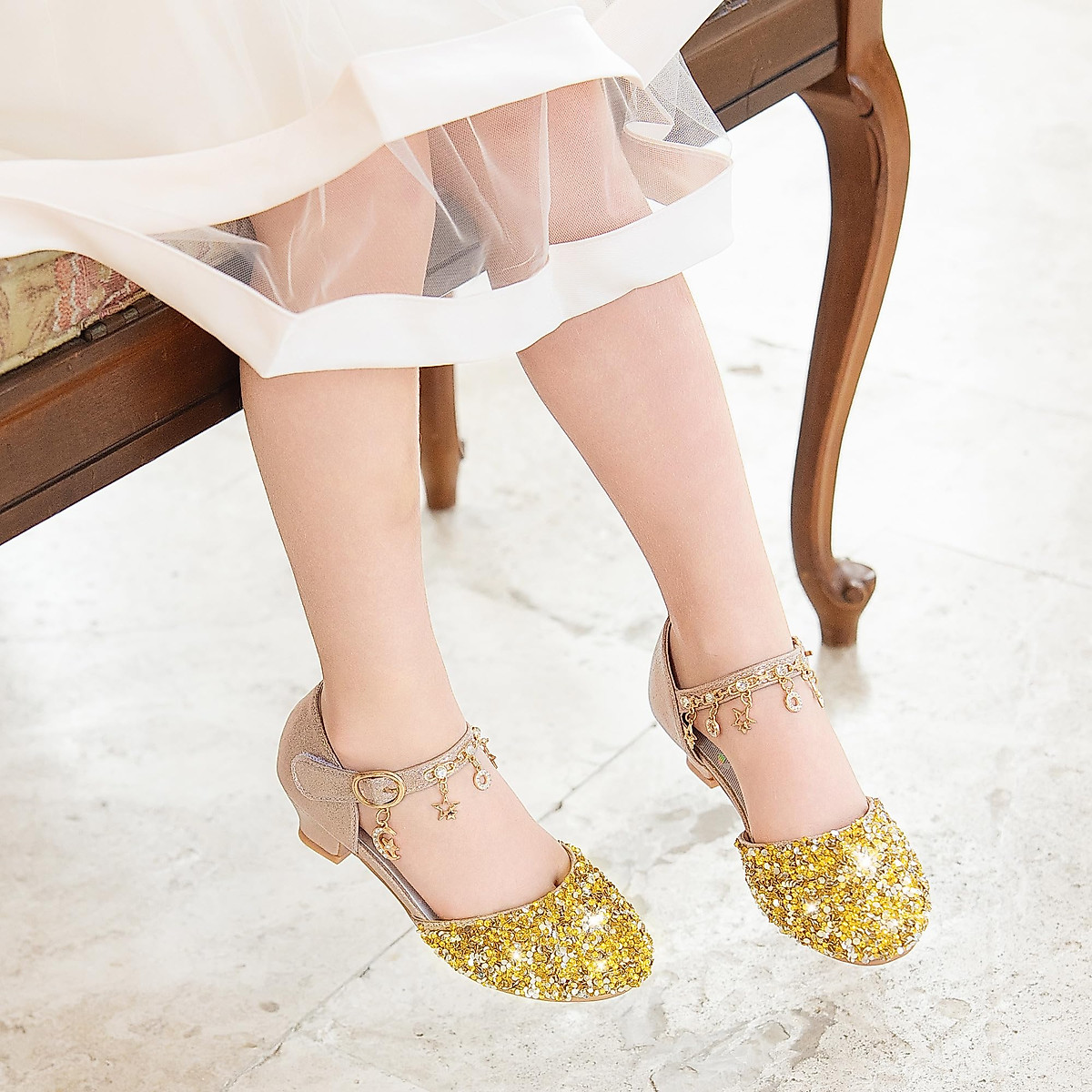 Furdeour Girls Sandals Gold Size 2 High Heels Party Little Kid Flower Big Kid Girl Princess Wedding Prom(2902Gold 2)