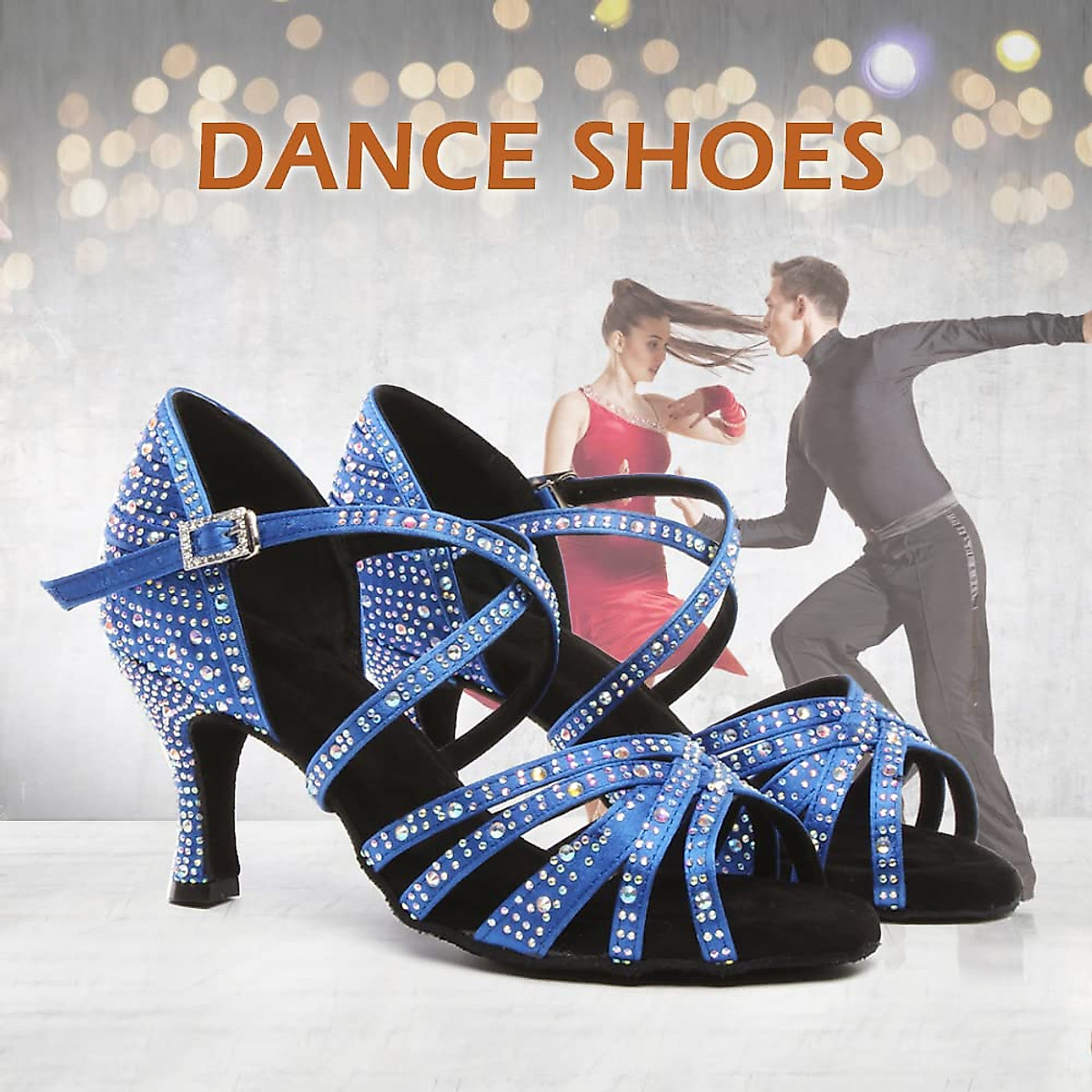 SWDZM Women's Rhinestone Dance Shoes Ballroom Latin Salsa Performance Practice Dancing Shoes,L377,Blue,Heel 3'',US 6