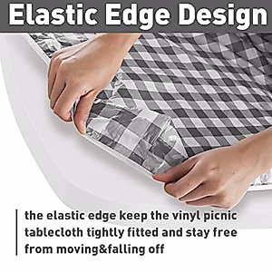 Picnic Table Cover with Bench Covers Vinyl Tablecloth with Elastic Band and Flannel Backing Fitted Table Covers for 6 Foot Rectangle Tables-for Outdoor/BBQ/Camping(30 X 72 Inch,3-PCS,Grey-Checkered)