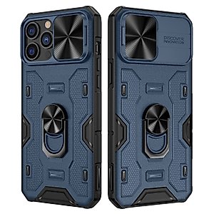VEGO Compatible for iPhone 13 Pro Max Case & iPhone 12 Pro Max Stand Case with Slide Camera Cover, Built-in 360° Rotate Magnetic Ring Kickstand Heavy Duty Protective Cover Case - Blue