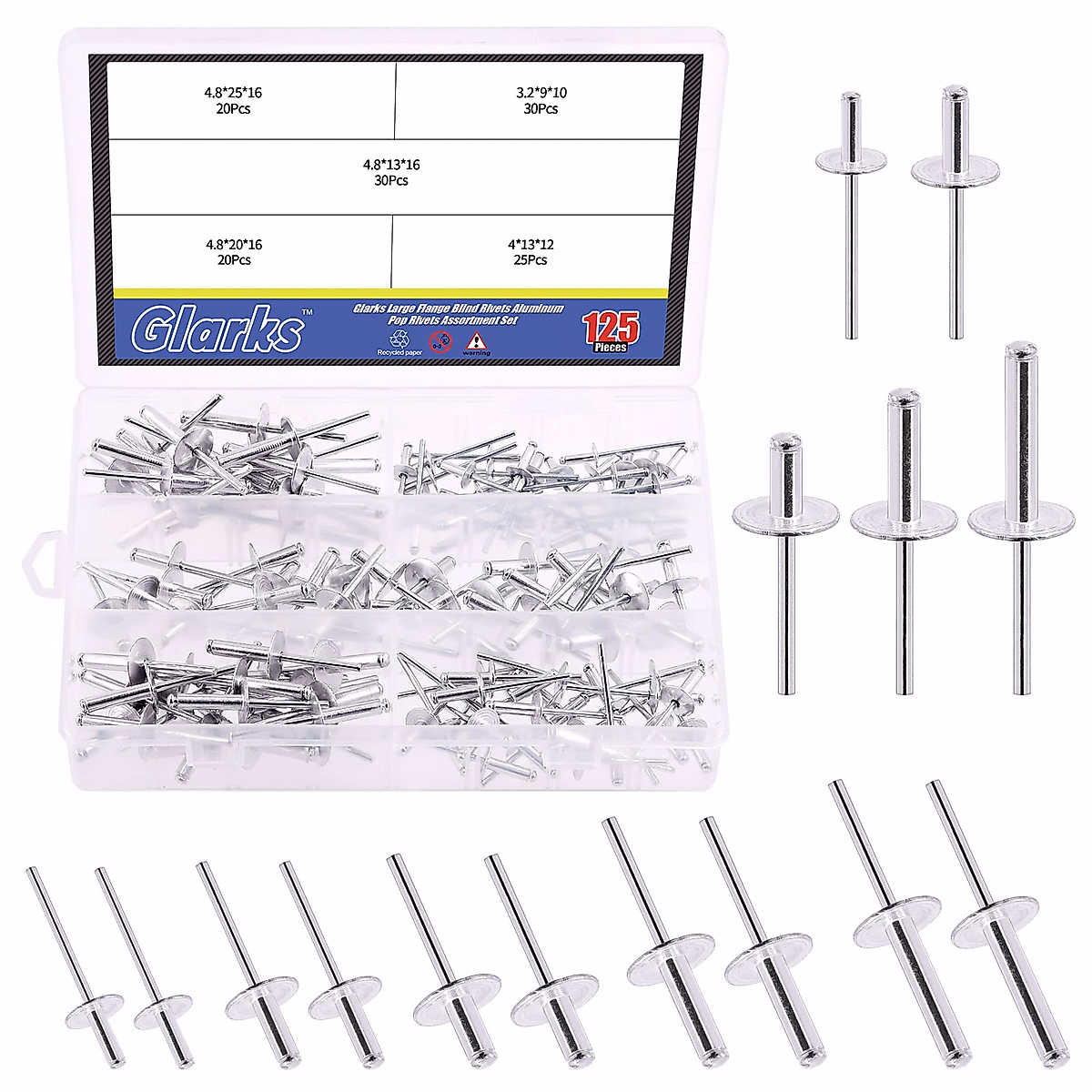 Glarks 125Pcs 5 Sizes Large Flange Aluminum Blind Rivets Pop Rivets Assortment Set for Joining Metal Plate Pipe Automotive