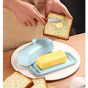 Nucookery Ceramic Butter Dish with Lid | Raised Legs and Non-Slip Strip Design | Porcelain Health | Dishwasher Safe, Lake Blue
