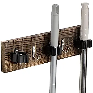 MyGift Wall Mounted Rustic Solid Burnt Wood Mop and Broom Holder Rack with Roller Clips and Vintage Brass Metal Hooks, Utility Room Organizer Storage Cleaning Tool Rack