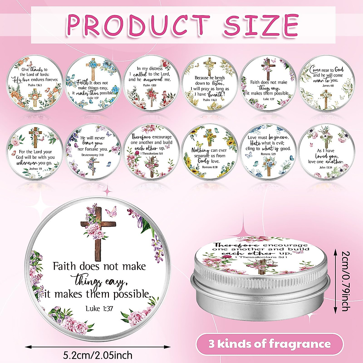 Threlaco 36 Set Bible Verse Scented Candle Tins with Lids Floral Christian Bible Gifts 1 oz Small Scripture Candle for Women Bridal Shower Birthday Wedding Party Favors, 6 Scents(Cross)
