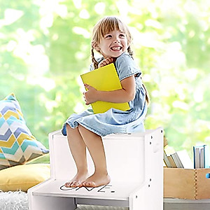 Kids 2-Step Wood Step Stool White Two Step Children's Stool with Handles Dual Height Wooden Toddler Step Stool for Kids Mini Wooden Stepping Stand for Room Kitchen