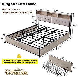 T4TREAM King Bed Frame with Storage Upholstered Headboard and 4 Drawers, Farmhouse Metal Platform Bed w/LED Lights & Charging Station, Stable & Easy Assembly, No Box Spring Needed, Light Rustic Oak