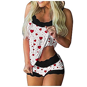 NOLDARES Lingerie for Women Lace Valentines Printed Sexy Lingerie for Women 2-Piece Pajamas Sleeveless Nightie Cami Sets
