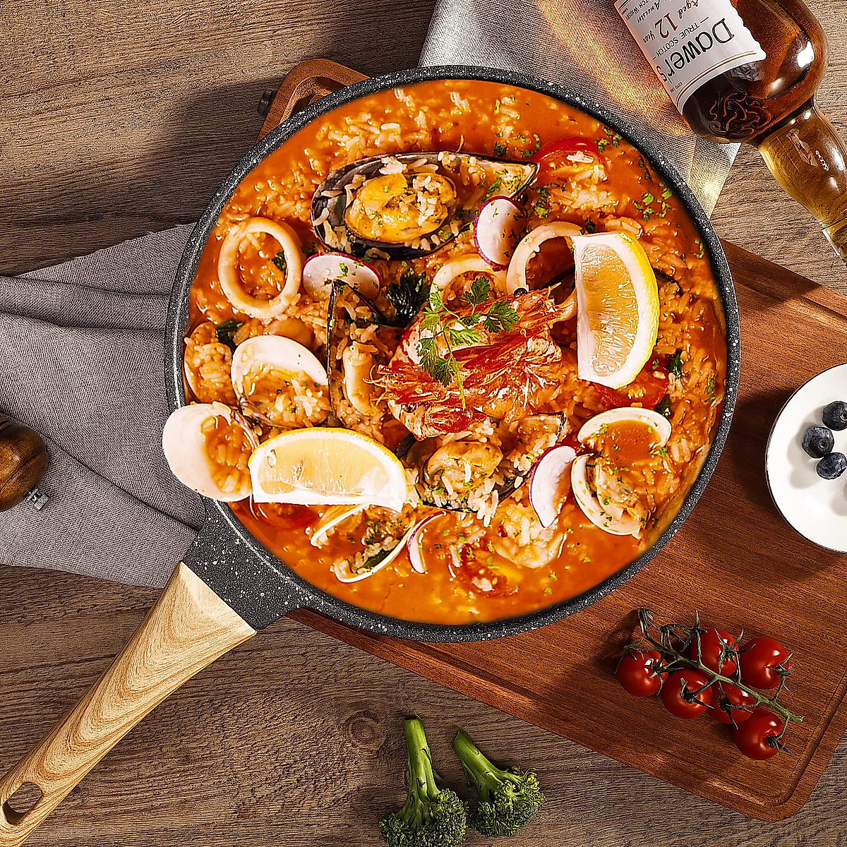 TIAJO Nonstick Deep Frying Pan, No Fumes Skillet, Stone-Derived Coating, Compatible with All Stovetops (Gas, Electric & Induction), Send 1 Sponge, PFOA Free, Gray (9.5 Inch Lidless)