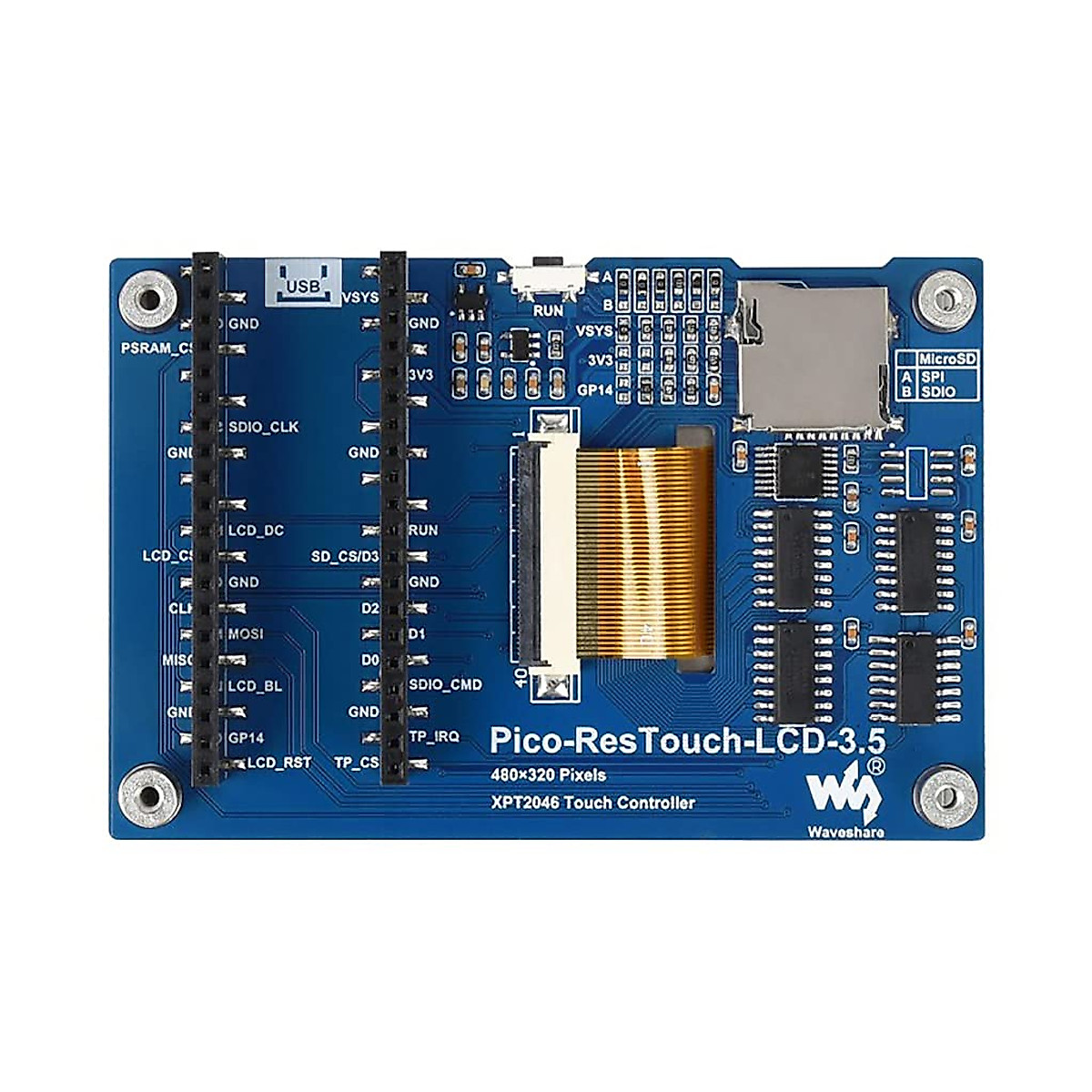3.5inch Touch Display Module for Raspberry Pi Pico Series Board, Resistive Touch Controller XPT2046, ILI9488 Driver, Using SPI Bus, 65K Colors, 480×320 Pixels