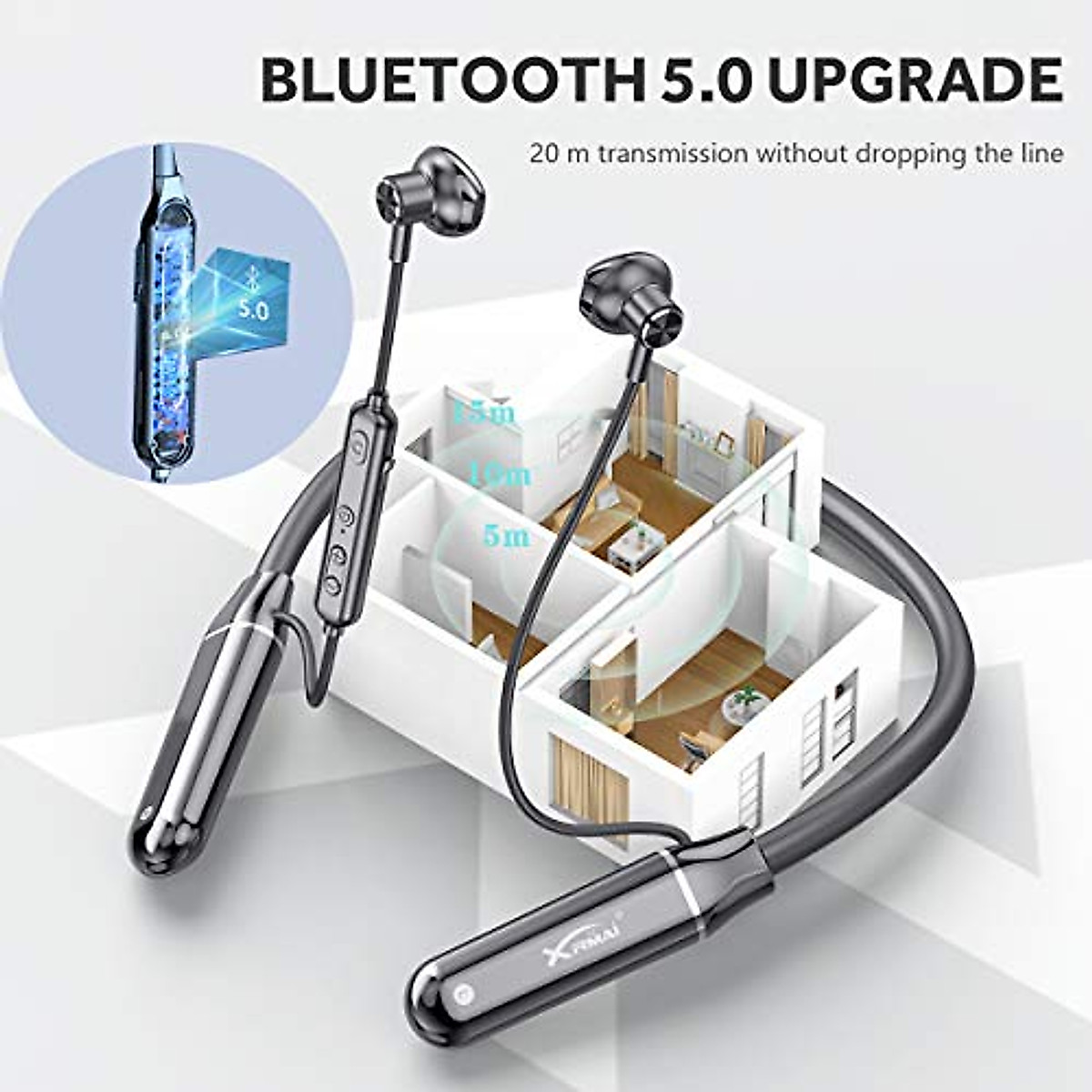 Bluetooth Headphones Neckband,100 Hours Long Battery Life,Built-in Noise Cancelling Microphone,Wireless Neckband Headset for Sports Behind Neck Headphones Stereo for Android Waterproof Neck Headset