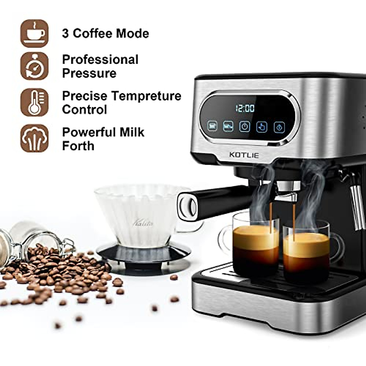 KOTLIE 20 Bar Espresso Machine: Coffee Maker with Milk Frother, Steam Wand,1.5L Removable Water Tank for Cappuccino and Latte