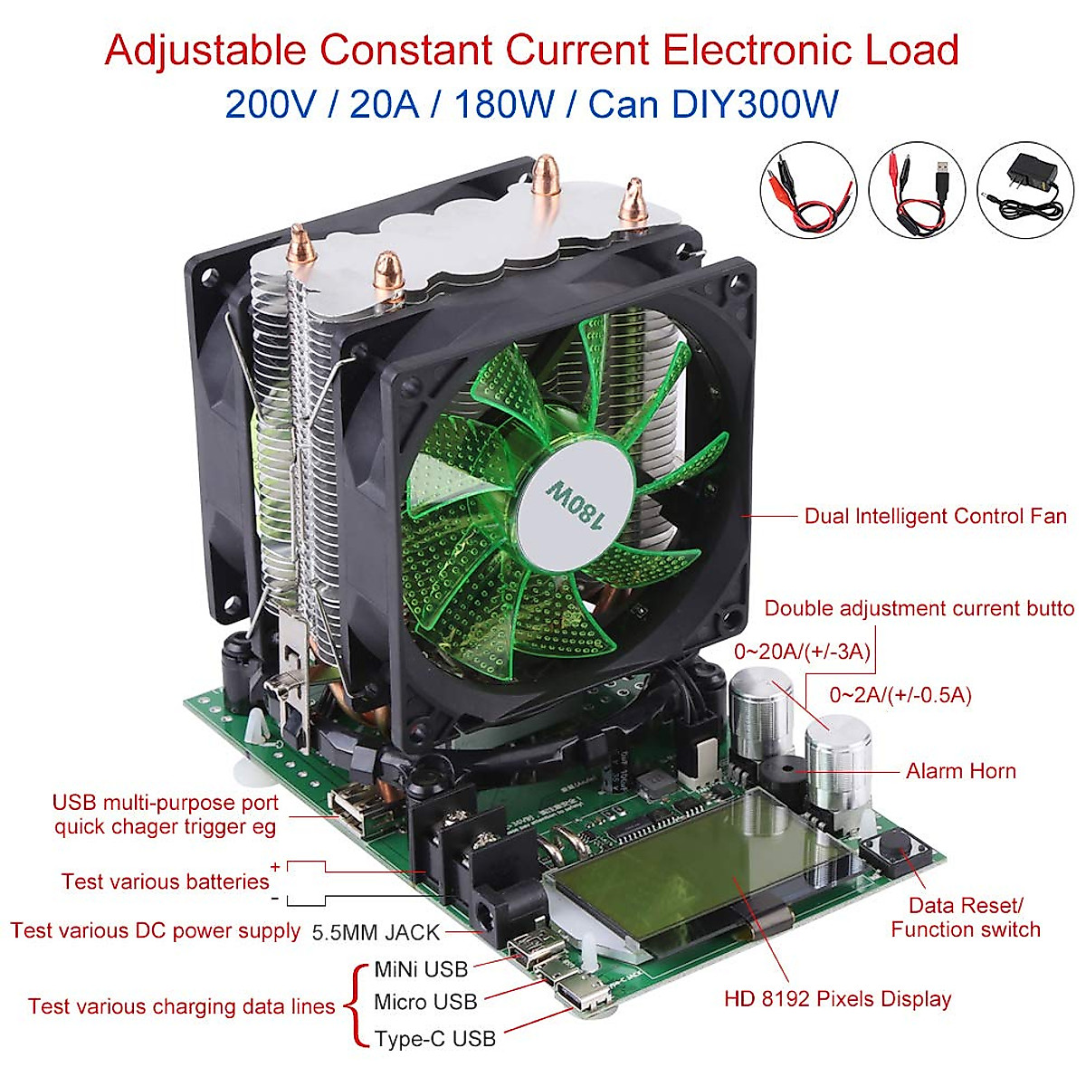 180W Constant Current Electronic Load,200V 20A Battery Tester Discharge Capacity for Electronic Constant Current Load, USB Tester and Cable Detector