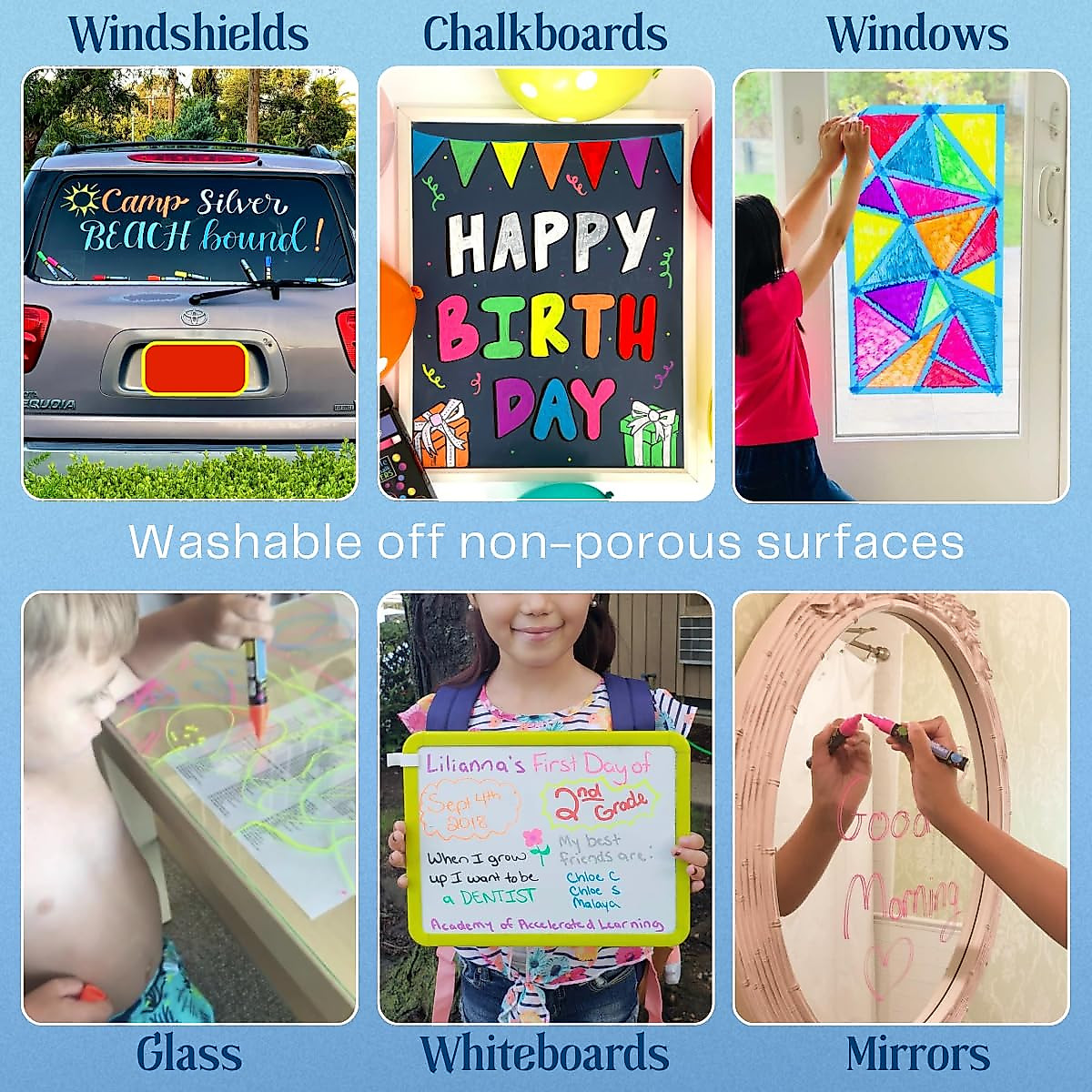 MoodClue liquid chalk markers for glass, mirrors, windows, car windshields, auto, white boards, glass boards, chalkboards. 6 neon. Reversible - thick, thin tip. Washable, erasable. Wet or dry erase.