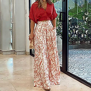 Oggfader Women's 2 Piece Outfit Baggy Wrap V Neck Crop Top 2023 Summer Floral Elastic Waist Pants Short Sleeve Tank Tops