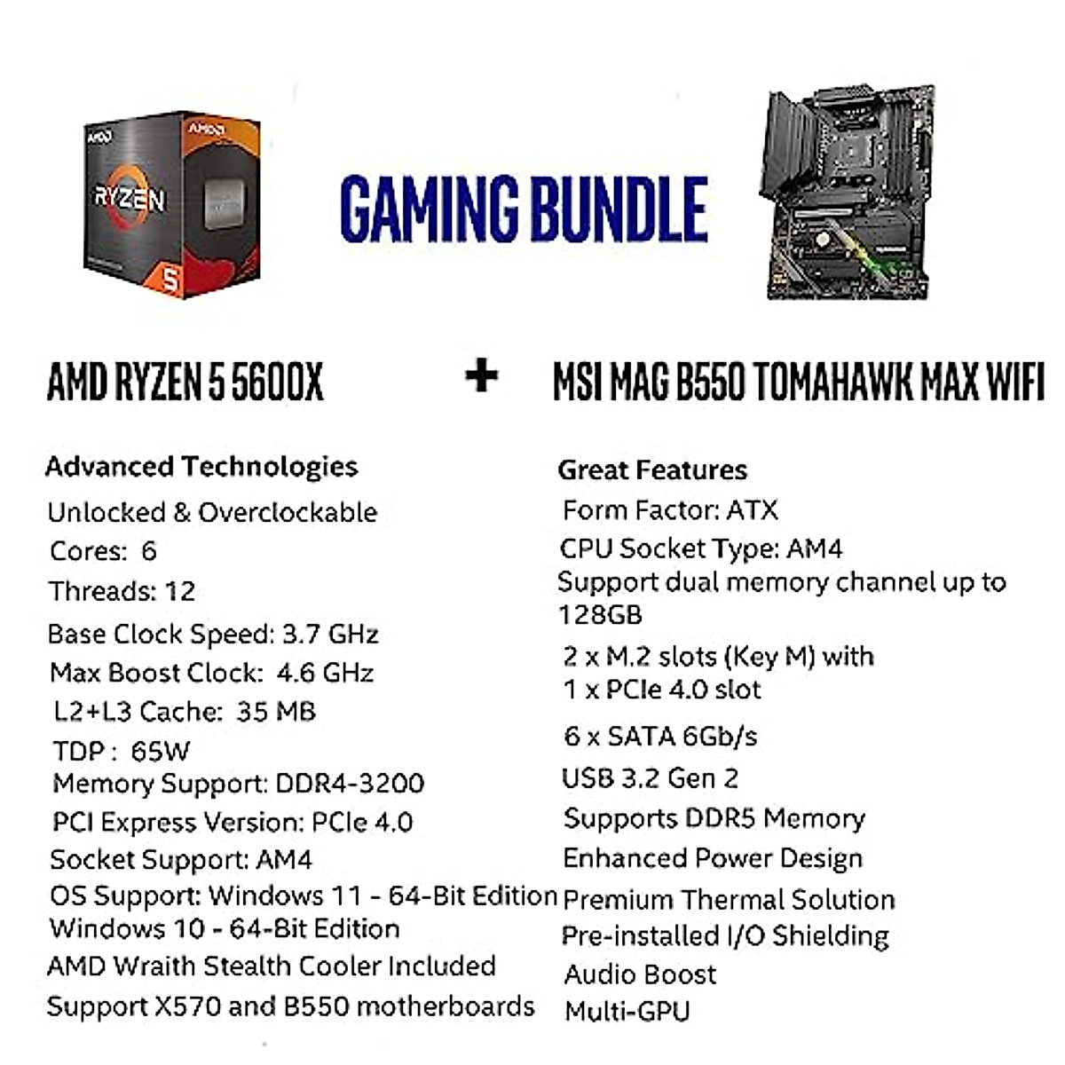 Micro Center AMD Ryzen 5 5600X Desktop Processor 6-core Bundle with MSI MAG B550 Tomahawk MAX WiFi Motherboard and PowerSpec 750W 80+ Gold Fully Modular PSU