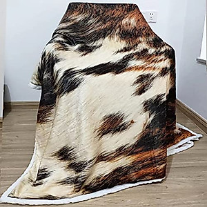 Animal Skin Cow Fur Throw Blanket All Season Brown Black Flannal Plush Warm Animal Skin Blankets Lightweight Soft Fuzzy Throws Blanket for Bed Sofa Couch Travel 60"x50"