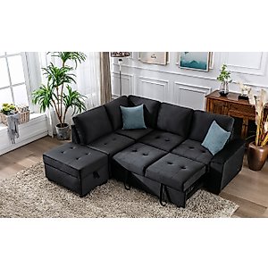 Merax Sleeper Sectional, L-Shape Corner Couch Sofa-Bed with Storage Ottoman, Black