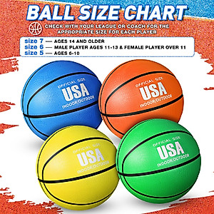 Libima 4 Pcs Rubber Basketball with Pump Official Indoor Outdoor Basketball Sport Gift for Game Practice Training Kids Teens Adults Streetbballs(Size 6,Yellow, Green, Blue, Orange)