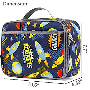 FlowFly Kids Lunch box Insulated Soft Bag Mini Cooler Back to School Thermal Meal Tote Kit for Girls, Boys, Outer Space Rocket Ships in Dark Navy Blue