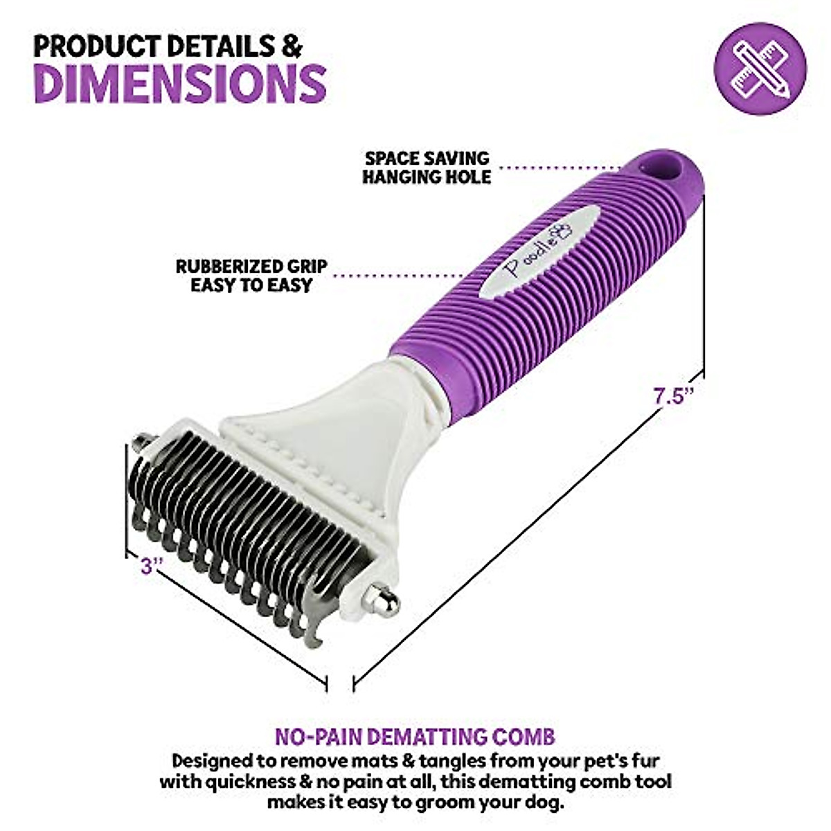 Poodle Pet Dematting Comb for Dogs – Handheld Undercoat Dematter Rake Grooming Tool for Long or Short Hair