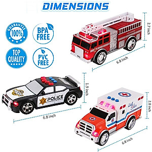 Liberty Imports 3-in-1 True Hero Emergency Rescue Vehicles Kids Toy Cars Playset - Ambulance, Fire Truck and Police Car with 3-Button LED Light and Sound Effects
