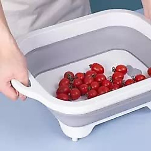 EFP -ALL IN ONE 12 Pocket Dorm & Office Mini Fridge Caddy Organizer - Stores Pantry Items, Cutlery, Utensils, Bottles, Plates, & More For Home, Includes Collapsible Cutting Board & Dish Mat (Grey)