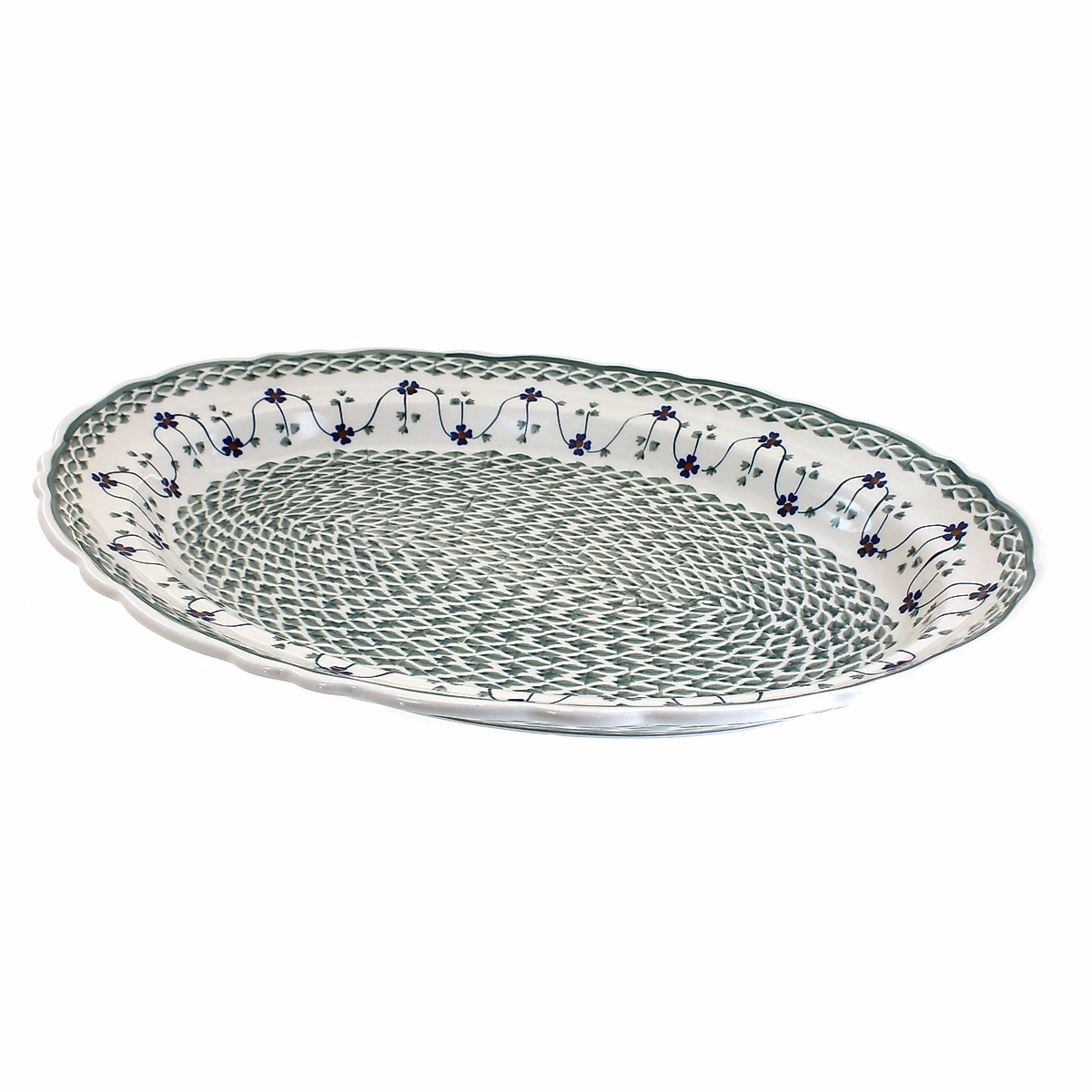 Blue Rose Polish Pottery Sage Floral Large Oval Serving Platter