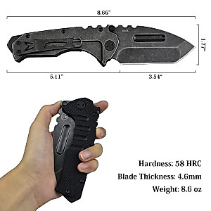 AUBEY Folding Pocket Knife with Tanto Tumbled Black 440C Steel Blade, Liner Lock, G10 Steel Handle, Clip, Glass Breaker, EDC Tool Knife for Men Hunting, Magic Axe