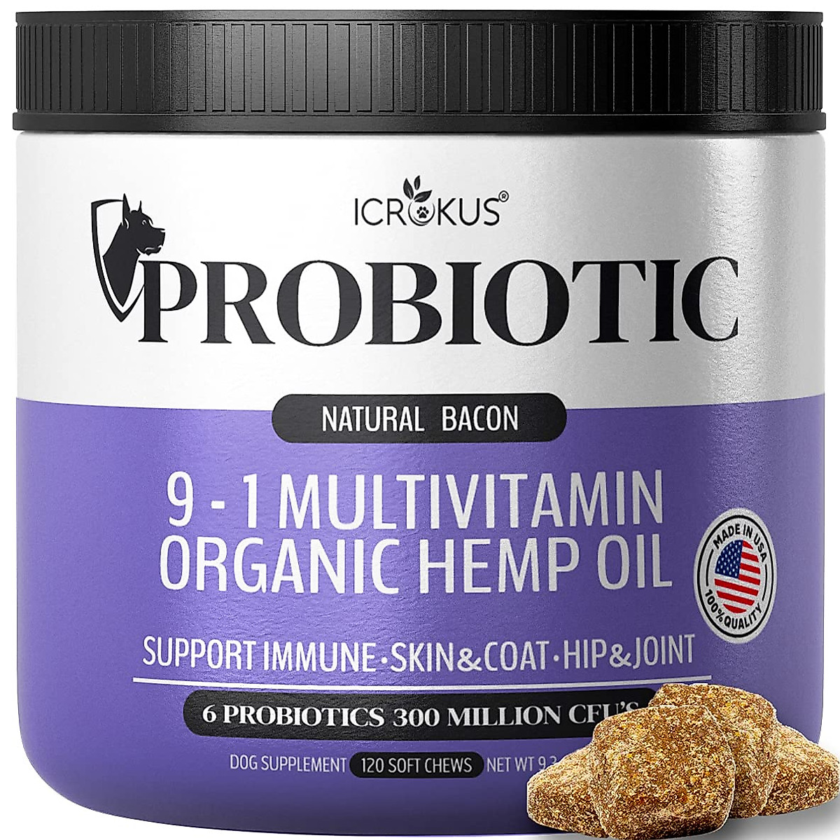 ICROKUS 9 in 1 Powerful Dog Multivitamin Treats - Premium Dog Vitamins and Supplements - Probiotics for Dogs with Hemp Oil, Colostrum and Taurine - Dog Hip and Joint Supplement - 120 Soft Chews