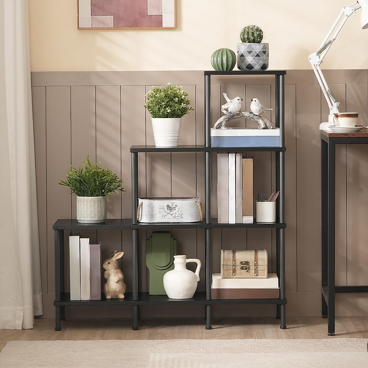 HOOBRO DIY Bookshelf Organizer, 4-Tier Cube Shelf Organizer, Industrial Stepped Bookcase, Ladder Shelf with 6-Cube Storage Organizer, Cube Bookcase, Cube Storage Shelf for Living Room, Black BB39CJ01