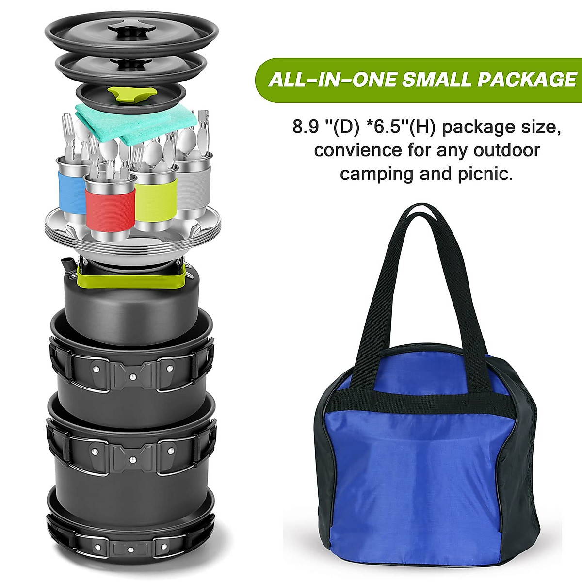 Odoland 29pcs Camping Cookware Mess Kit, Non-Stick Lightweight Pots Pan Kettle, Collapsible Water Container and Bucket, Stainless Steel Cups Plates Forks Knives Spoons for Outdoor Backpacking Picnic