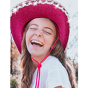 Cowboy Hat Pink Cowgirl Hat with Sequins & Tiara Crown for Women Rodeo Party Hats with Heart Glasses (Felt, Hot Pink)
