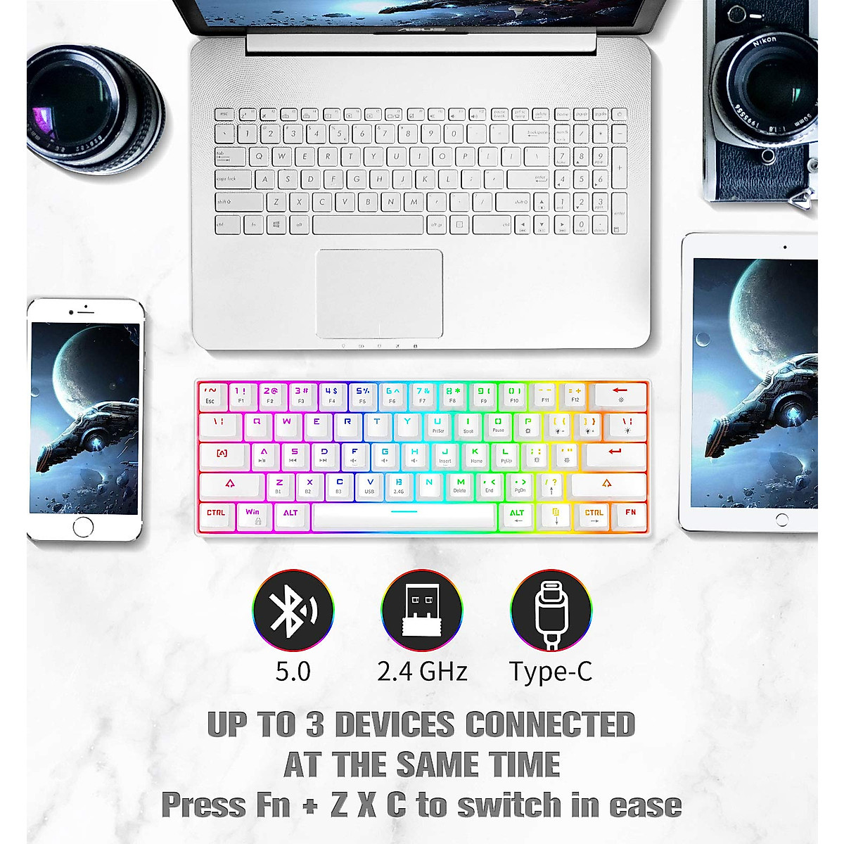 SUPGALIY 60% Mechanical Keyboard Wireless 2.4G/Bluetooth 5.0/Wired Gaming Keyboard 3000mAh 61 Keys RGB Backlit Portable Mini Keyboard for Windows, Mac, Android, iOS (Hot Swappable Blue Switch, White)