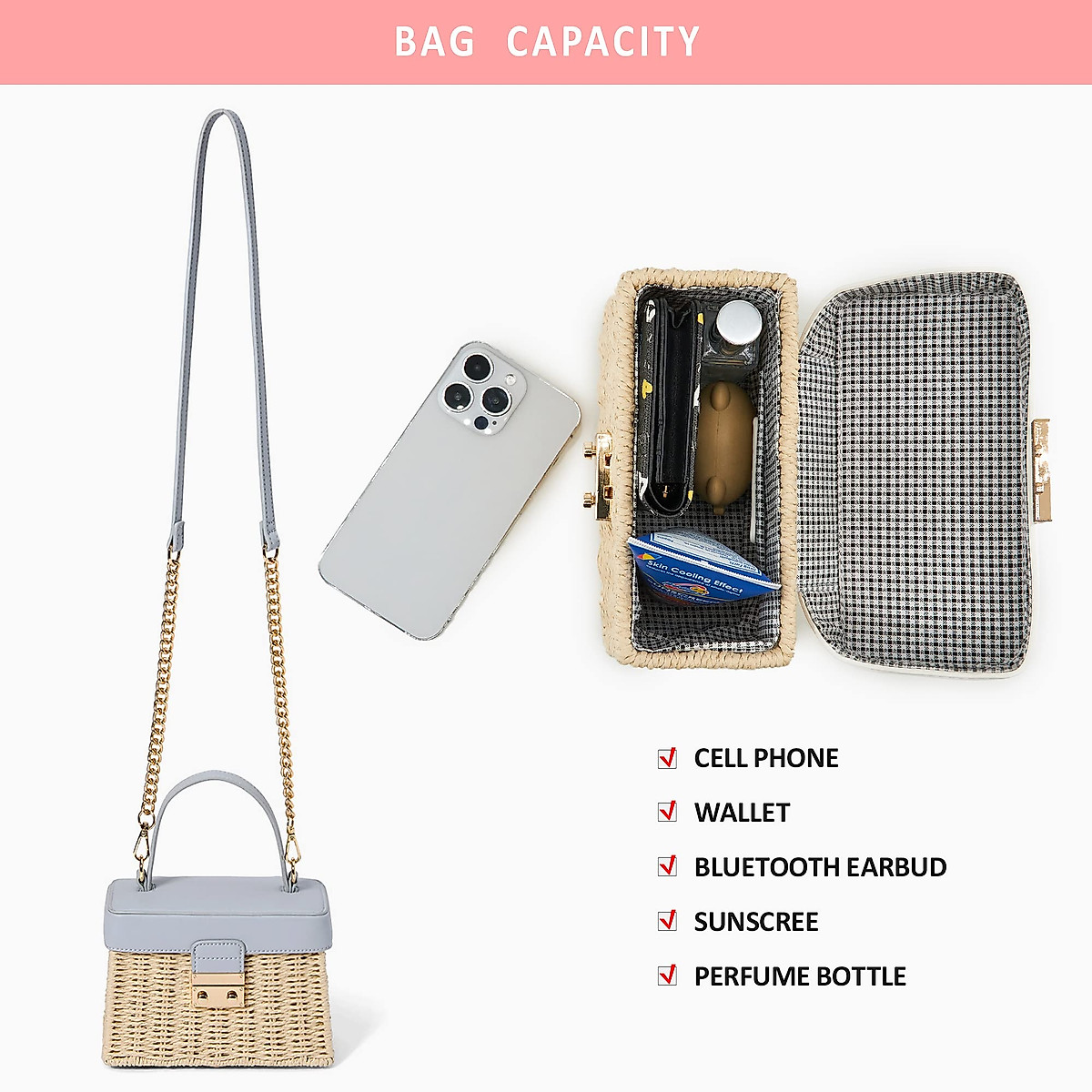 Like Dreams Small Summer Bag for Women Woven Straw Crossbody Vegan Leather Top Handle Plaid Inner Purse (Soft Blue)