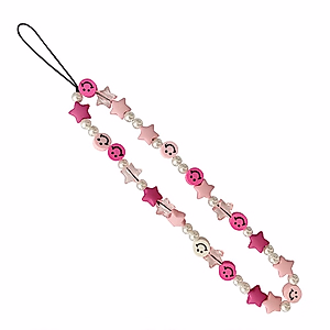 KURTCB Smile Face Beaded Phone Lanyard Wrist Strap Handmade Rainbow Clay Beads Pearl Car Key Camera Decoration Bracelet Keychain for Women Girls (Pink)