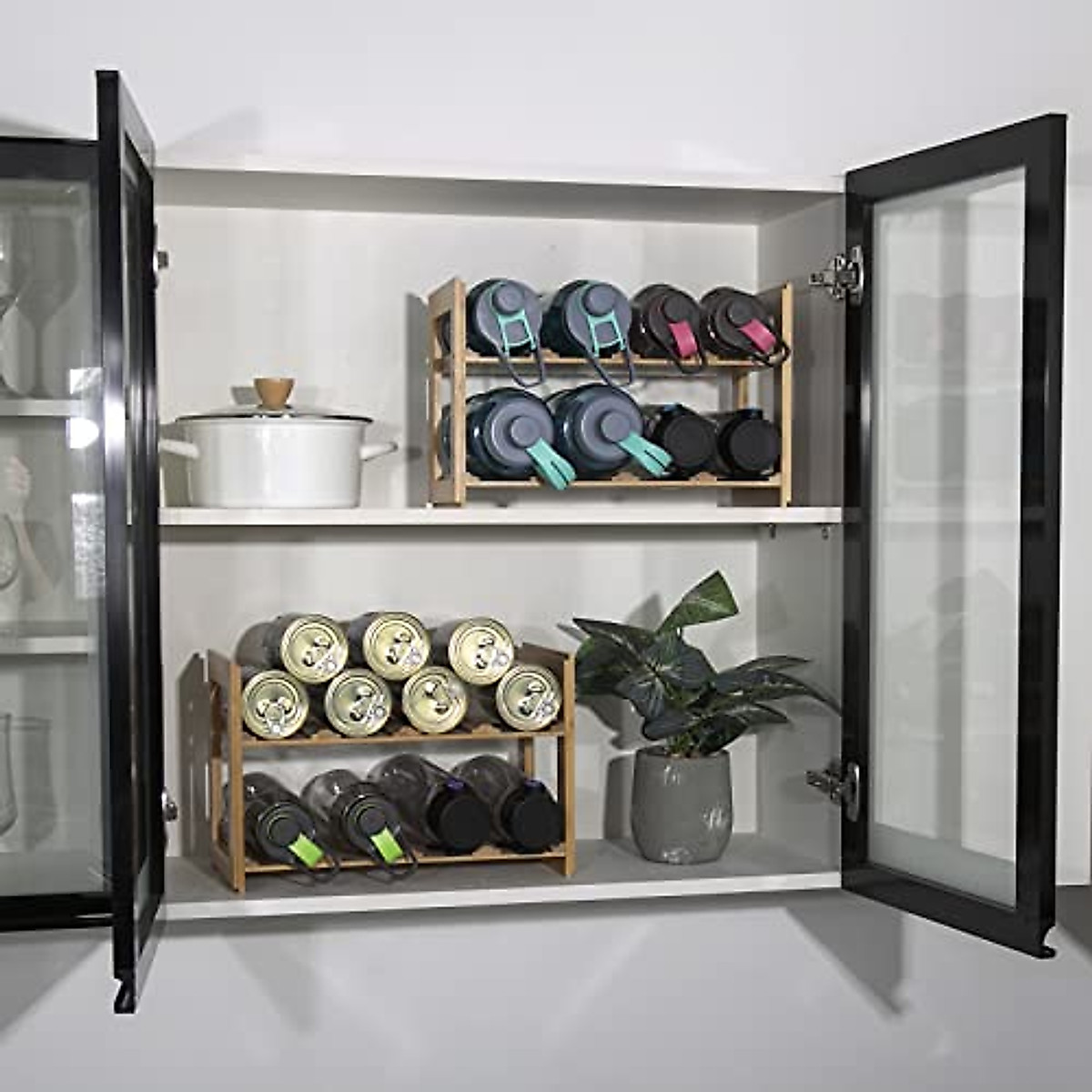 AEEHFENG Water Bottle Organizer - Stackable Bamboo Water Bottle Storage Rack for Cabinet Holds up to 16 Bottles - 4 Tier Adjustable Freestanding Cup Holder for Kitchen Countertop Pantry Organizing