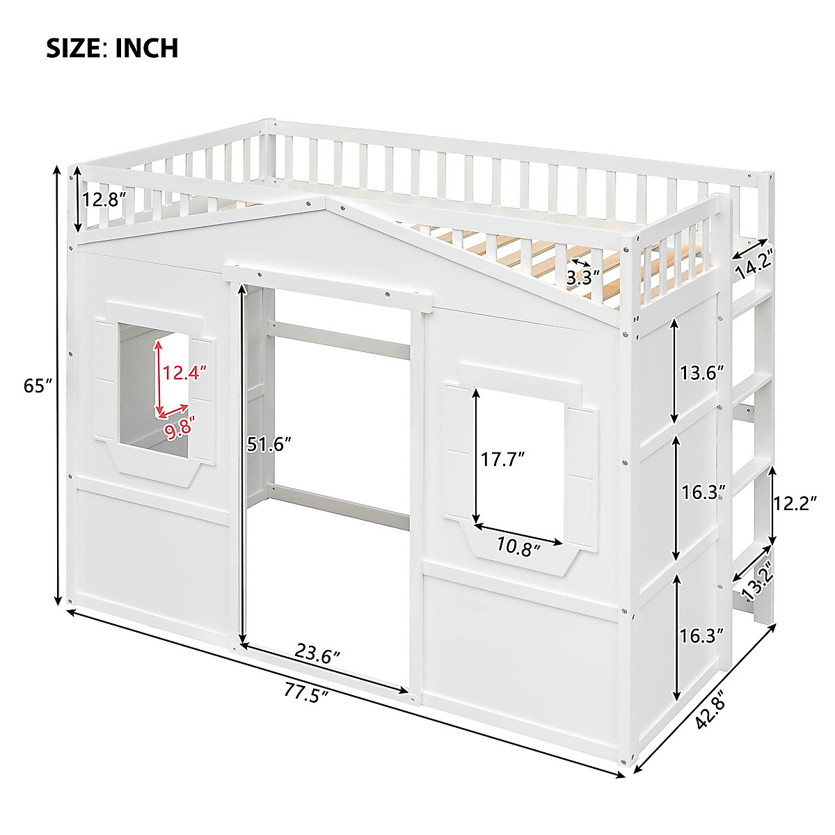 Merax Twin Size Wood Loft Bed, House Bed Frame with Ladder and Safety Guardrails for Kids, No Box Spring Needed, White