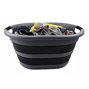 SAMMART 36L (9.5 gallon) Collapsible Plastic Laundry Basket - Oval Tub/Basket - Foldable Storage Container/Organizer - Portable Washing Tub - Space Saving Laundry Hamper, Water Capacity: 28L (7.4 gallon) (1, Grey/Black)