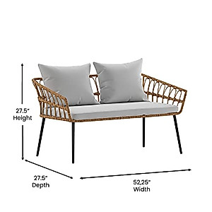 Flash Furniture Evin Boho Patio Conversation Set Rope Rattan-All-Weather Cushions-Tempered Glass Top Coffee Table-Indoor/Outdoor, 4 Piece, Natura/Gray