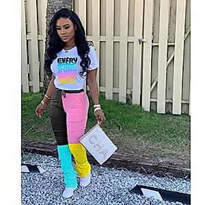 Casual 2 Piece Outfit Sets for Women Color Block Short Sleeve T-Shirts + Stacked Flare Pants Tracksuit Sweatsuit A-Black