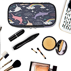 GzLeyigou Narwhal and Rainbow Pencil Case Pen Holder Large Capacity Stationery Organizer Pen Bag with Zipper Pencil Pouch Makeup Brush Bag for Adult Teen Boy Girls Students School College Work Office