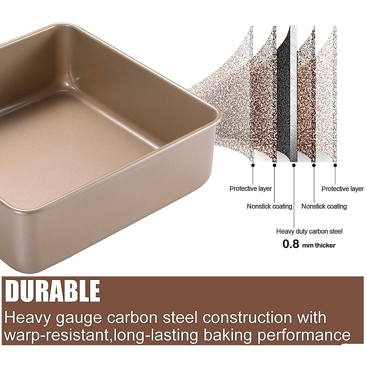 Ksdhotware 8'' x 3'' Deep Square Cake Pan Baking Mold Non-stick Coating Heavy Duty Brownie Bread Tray (Champagne Gold) (Square)