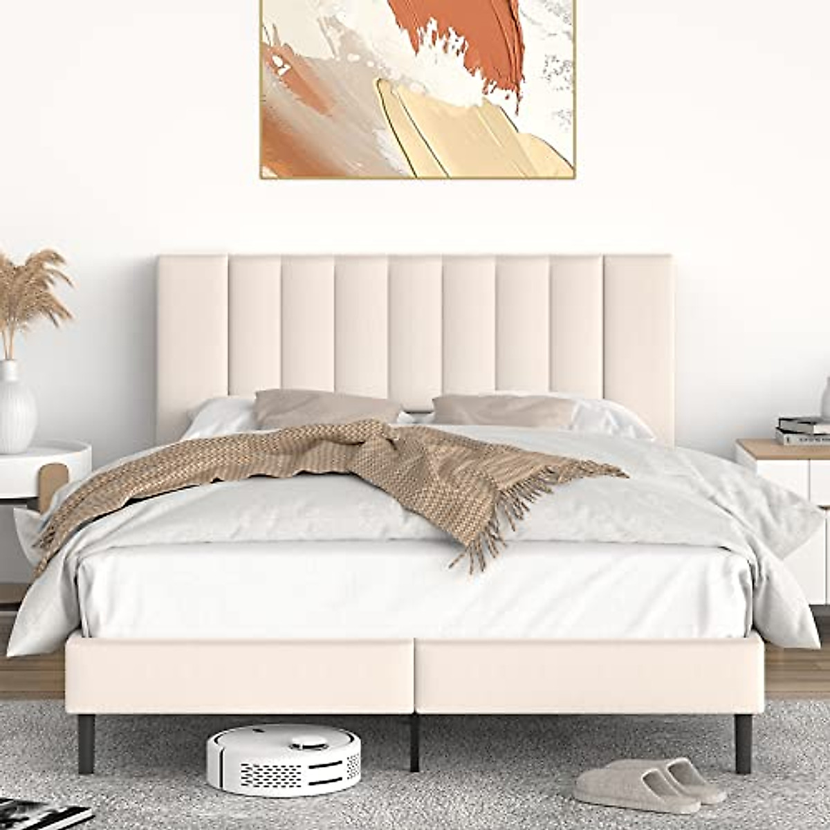 Flolinda Bed Frame Queen Size, Upholstered Bed Frame Queen Size with Tufted Velvet Headboard, Mattress Foundation, Strong Wood Slat Support Double Modern Bed Frame, No Box Spring Needed, Easy Assembly