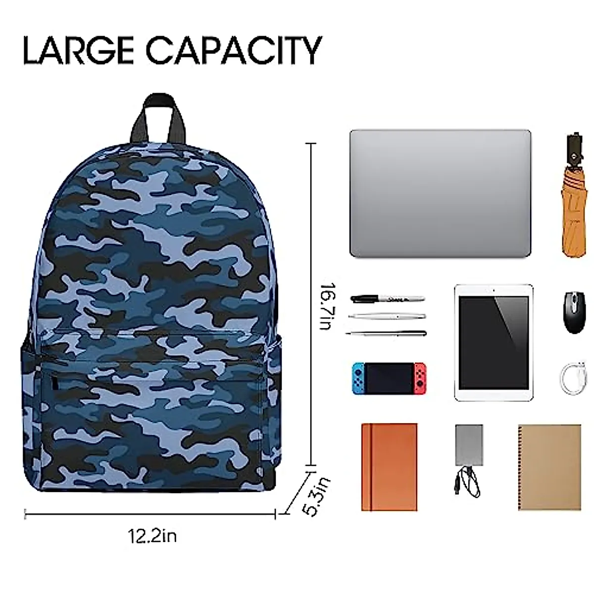 Lightweight Camo Boys School Backpack, Classic Bassic Bookbag for Middle School Students, Cute Camoflauge Patterned Casual Daypack for College, Travel, Work with 15-Inch Laptop Compartment, 17 IN