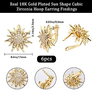 Beebeecraft 1 Box 6Pcs Sun Earring Findings 18K Gold Plated Cubic Zirconia U Shaped Earring Hooks for DIY Jewelry Making Supplies Pin: 0.8mm
