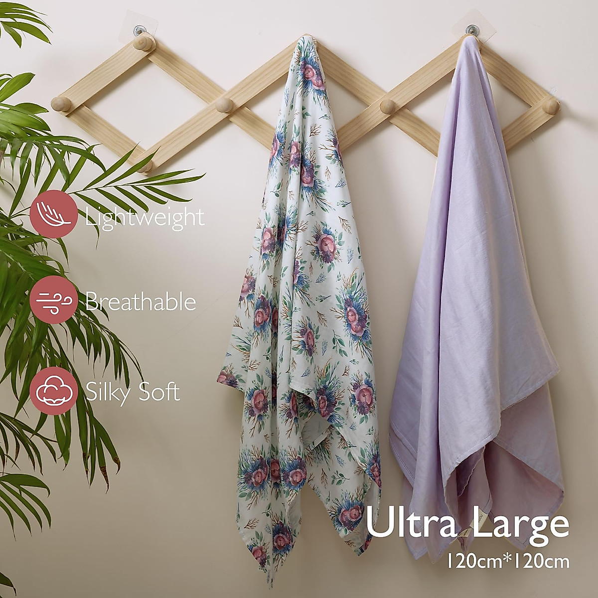 Momcozy Softness Upgrade Muslin Swaddle Blankets, Vivid Flower+Solid Purple Neutral Matching, 2 Pack Breathable 2-Layer Gauze Large 47'' x 47'' Swaddling Blanket Wraps for Newborn Baby Boys Girls