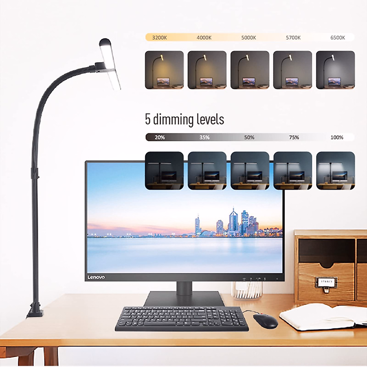 Architect Desk Lamp, Desk Light, LED Desk Lamp, Clip on Light 24W 5 Color Modes 5 Dimmable Flexible Gooseneck Clamp Light Remote Control for Office Home Workbench Drafting Study Dormitories